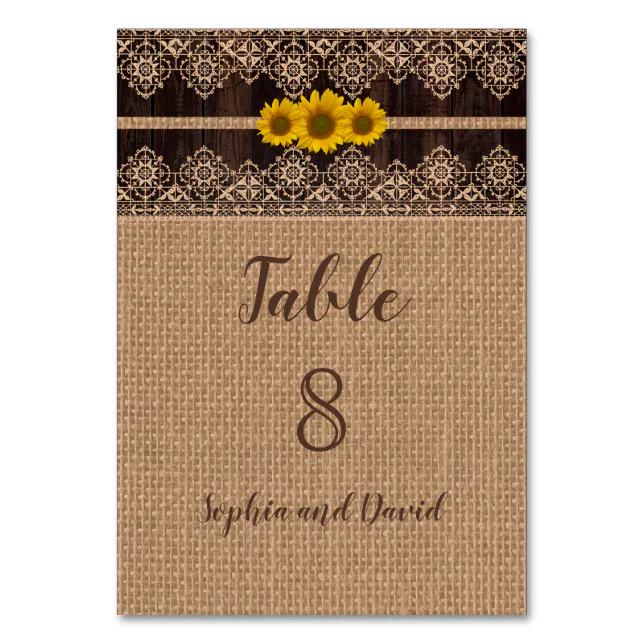 Chic Rustic Lace Burlap Wood Wedding Table Number | Zazzle