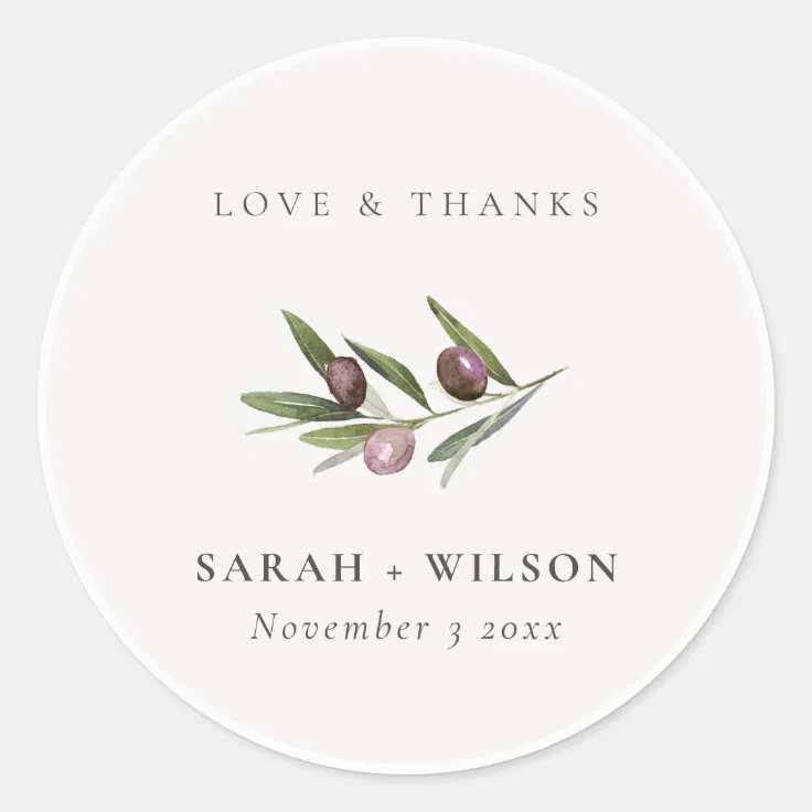 Chic Rustic Minimal Olive Branch Foliage Wedding Classic Round Sticker ...