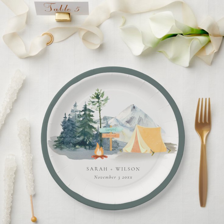 Chic Rustic Pine Woods Camping Mountain Wedding Paper Plates | Zazzle
