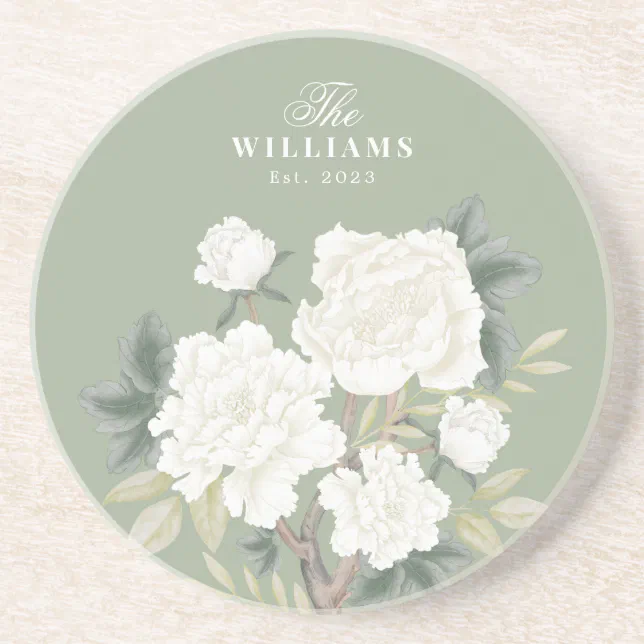 Chic Sage Green Chinoiserie Floral Family Monogram Coaster | Zazzle
