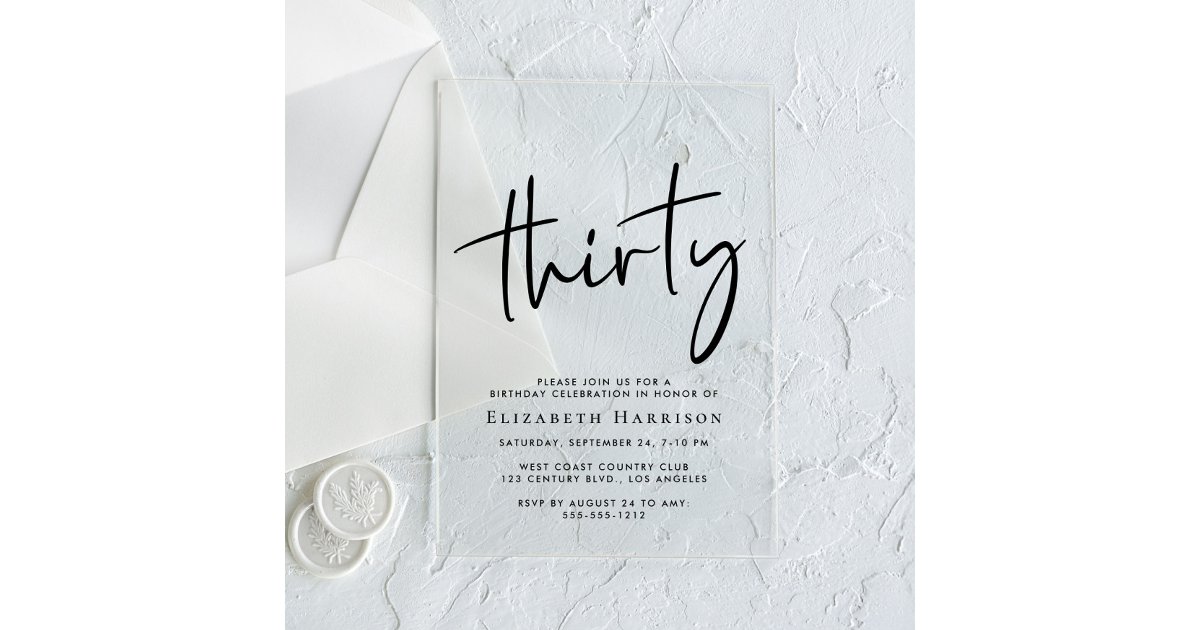 Chic Script 30th Birthday Party Acrylic Invitations | Zazzle