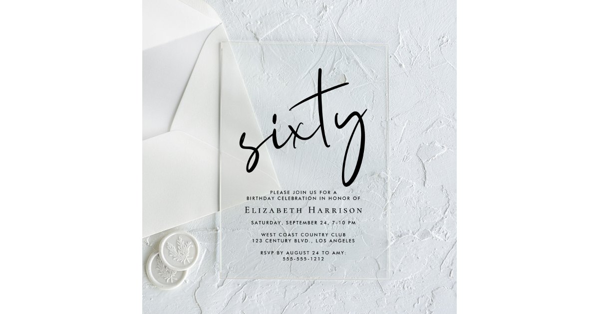 Chic Script 60th Birthday Party Acrylic Invitations | Zazzle