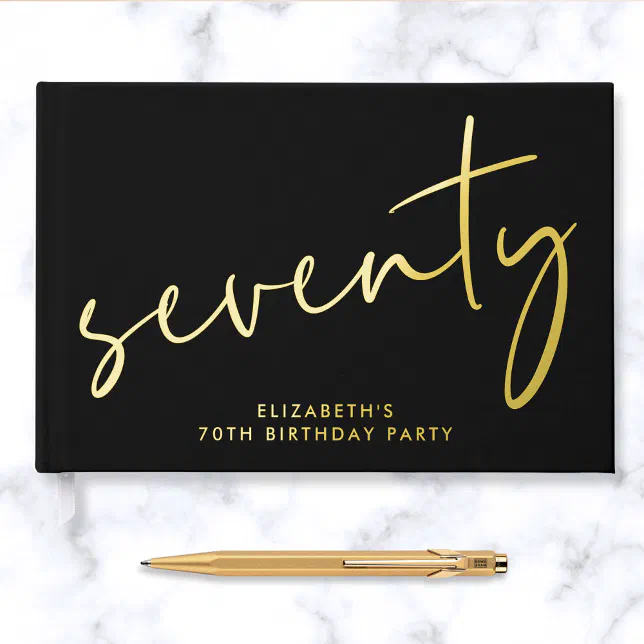 Chic Script Black 70th Birthday Party Foil Guest Book | Zazzle
