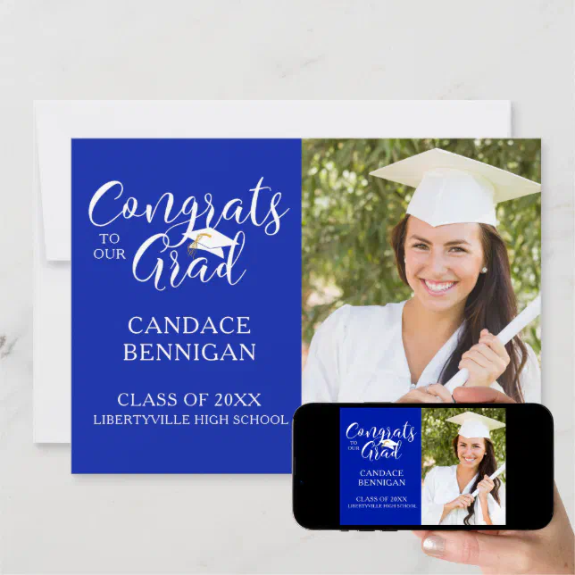 Chic Script CONGRATS GRAD Typography Royal Blue Announcement | Zazzle