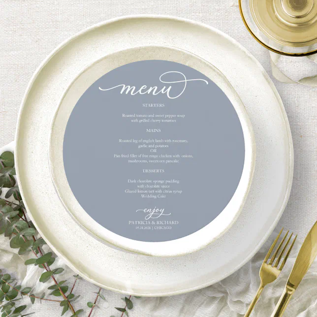 Chic Script Dusty Blue Circle Menu Card For Plate | Zazzle