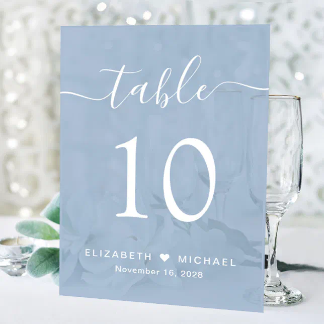 Chic Script Dusty Blue Wedding Table Number Acrylic Sign | Zazzle