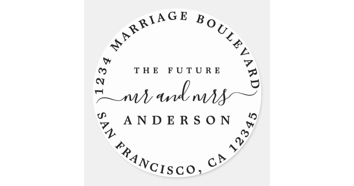 Chic Script Future Mr Mrs Return Address White Classic Round Sticker ...