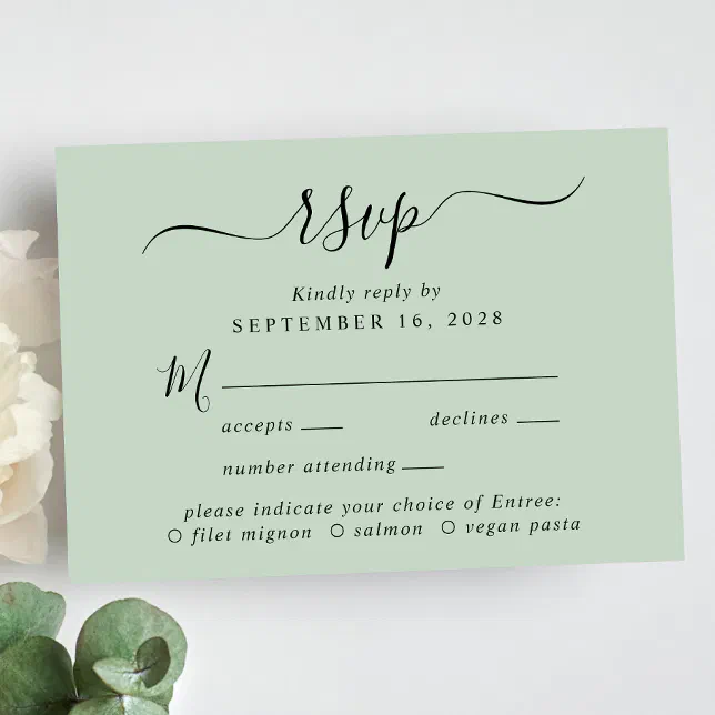 Chic Script Menu Choice Sage Wedding RSVP | Zazzle
