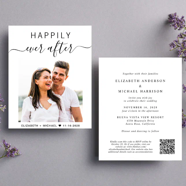 Chic Script Photo QR Code Wedding Invitation | Zazzle