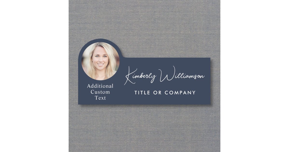 Chic Script Professional Blue Photo Name Tag | Zazzle