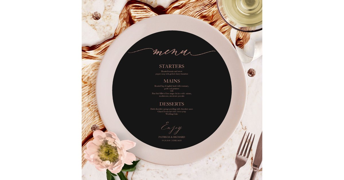 Chic Script Round Wedding Menu Card For Plate | Zazzle