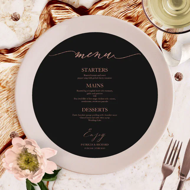 Chic Script Round Wedding Menu Card For Plate | Zazzle