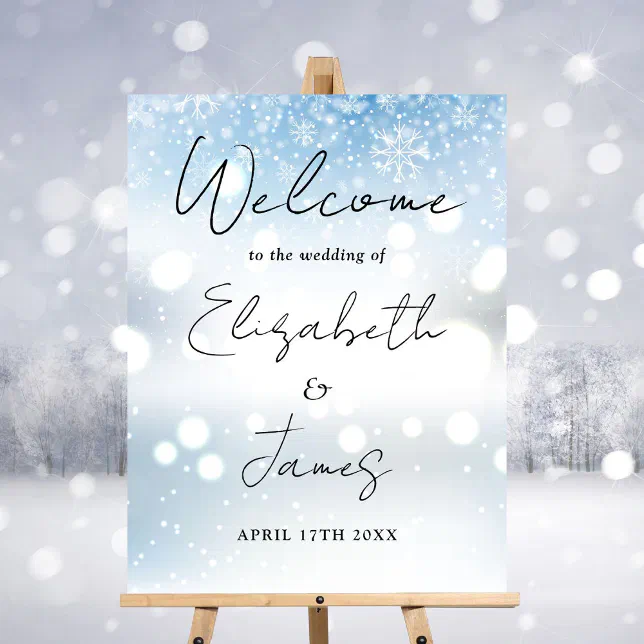 Chic Script Snowflakes Winter Wedding Welcome Sign | Zazzle