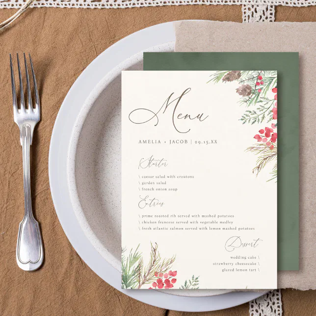 Chic Script Watercolor Winter Greenery Wedding Menu | Zazzle