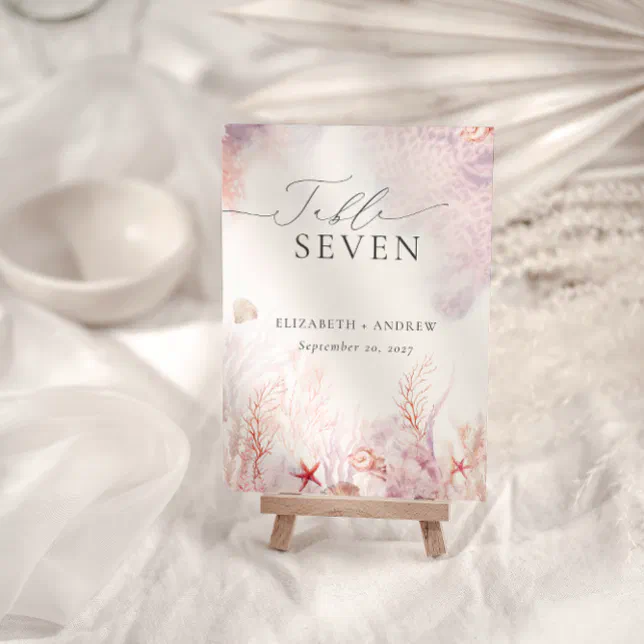 Chic Seashells Coral Underwater Wedding Table Number | Zazzle