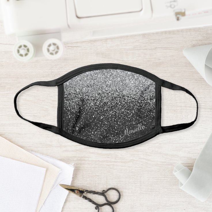 Chic Silver and Black Glitter Monogram Name Face Mask | Zazzle