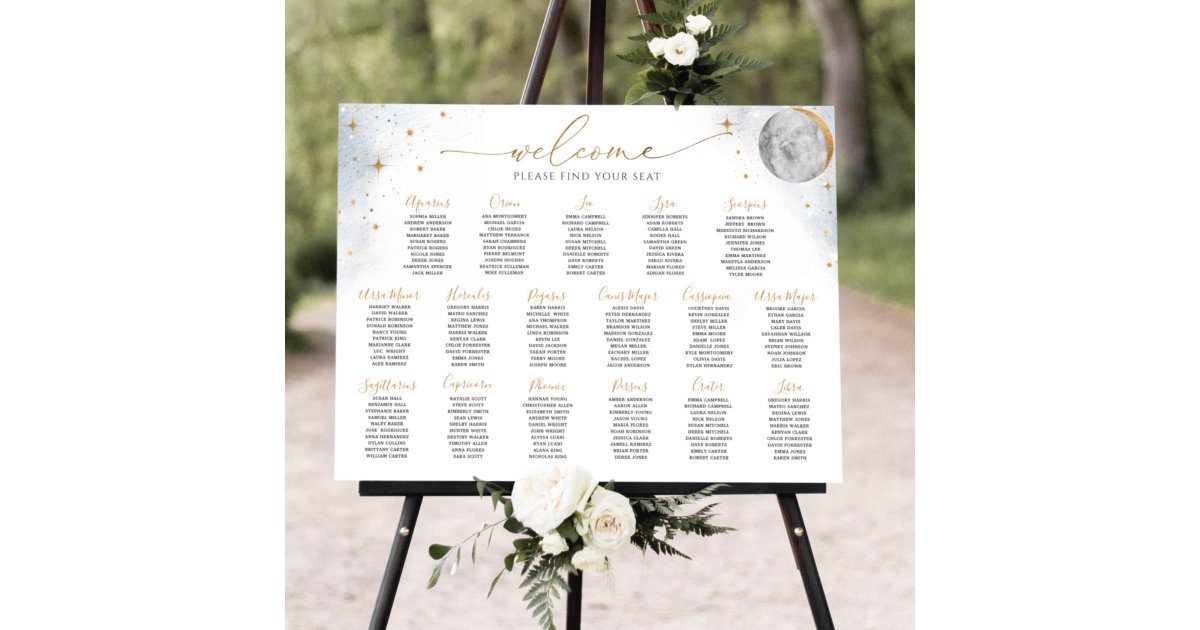 Chic Silver and Gold Celestial Seating Chart Sign | Zazzle