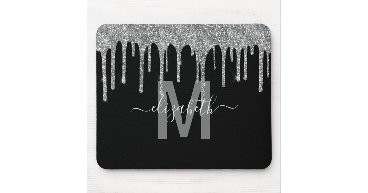 Chic Silver Dripping Glitter Monogram Name Mouse Pad | Zazzle