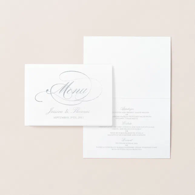 Chic Silver Foil & White Wedding Menu Template | Zazzle