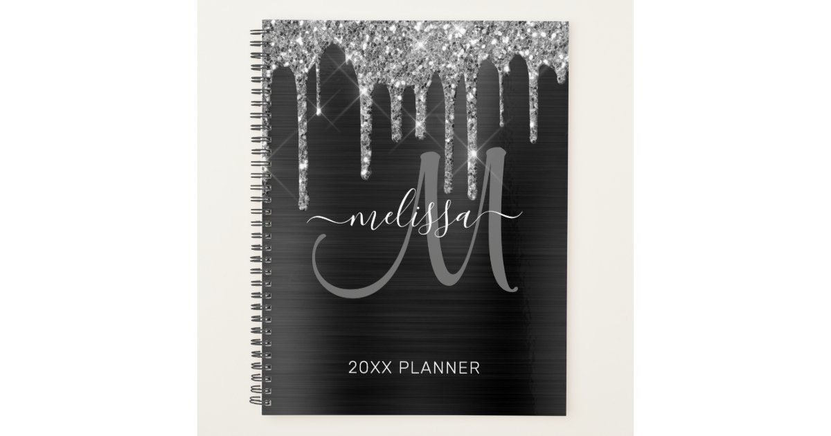 Chic Silver Glitter Black Brushed Metal 2024 Planner | Zazzle