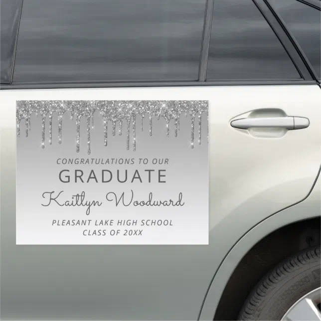 Chic Silver Glitter Drip Graduation Car Magnet | Zazzle