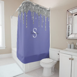 Chic Silver Glitter Drips Monogram Name Periwinkle Shower Curtain | Zazzle