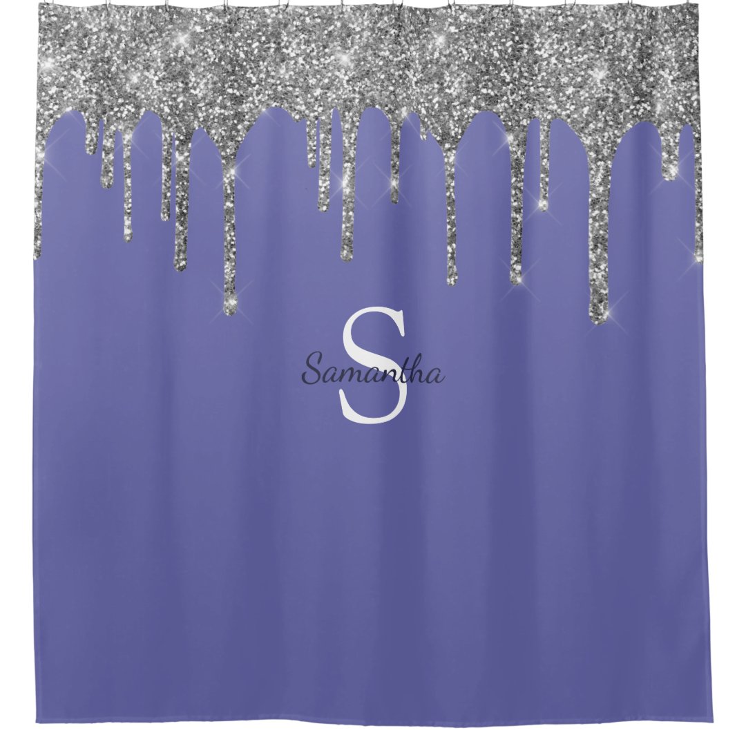 Chic Silver Glitter Drips Monogram Name Periwinkle Shower Curtain | Zazzle