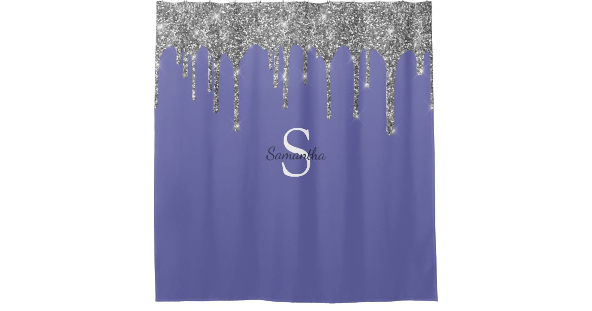 Chic Silver Glitter Drips Monogram Name Periwinkle Shower Curtain | Zazzle