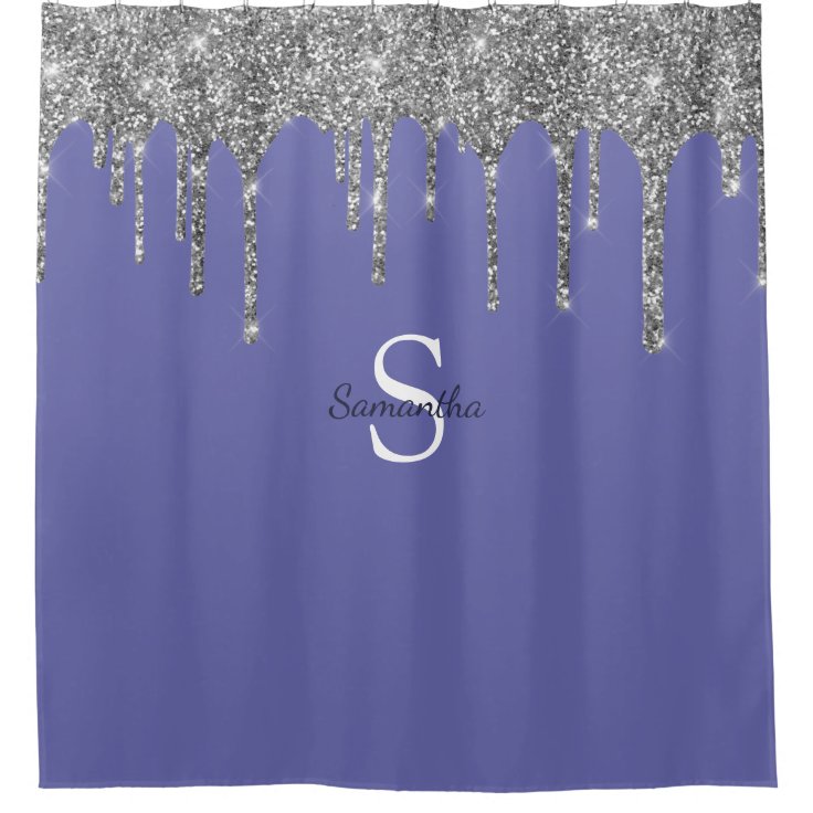 Chic Silver Glitter Drips Monogram Name Periwinkle Shower Curtain | Zazzle