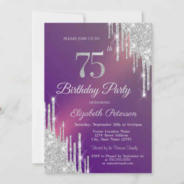 Chic Silver Glitter Drips Purple 75th Birthday Invitation | Zazzle