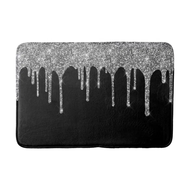 Chic Silver Glitter Drips Sparkle Black Bath Mat | Zazzle