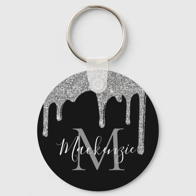 Chic Silver Glitter Drips Sparkle Monogram Keychain | Zazzle