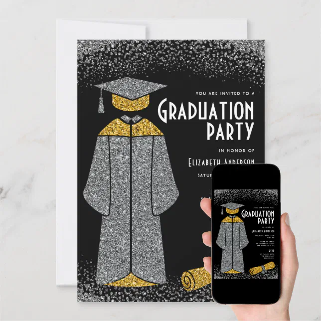 Chic Silver Gold Glitter Graduation Party Invitation | Zazzle