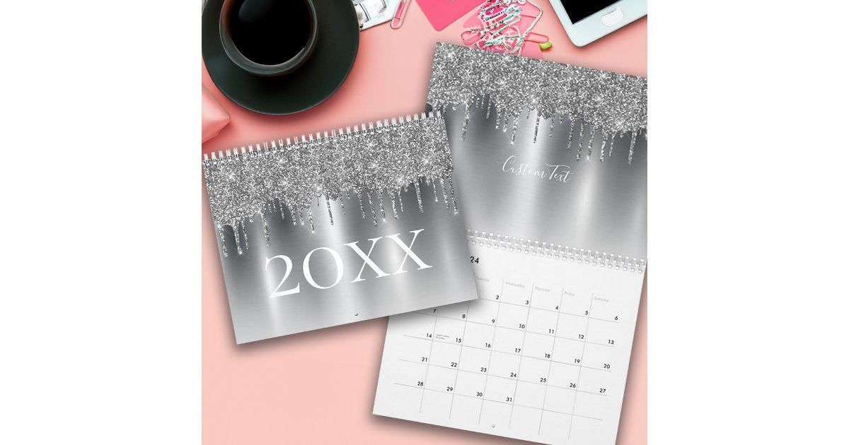 Chic Silver Gray Glitter Ombre Monogram Calendar | Zazzle