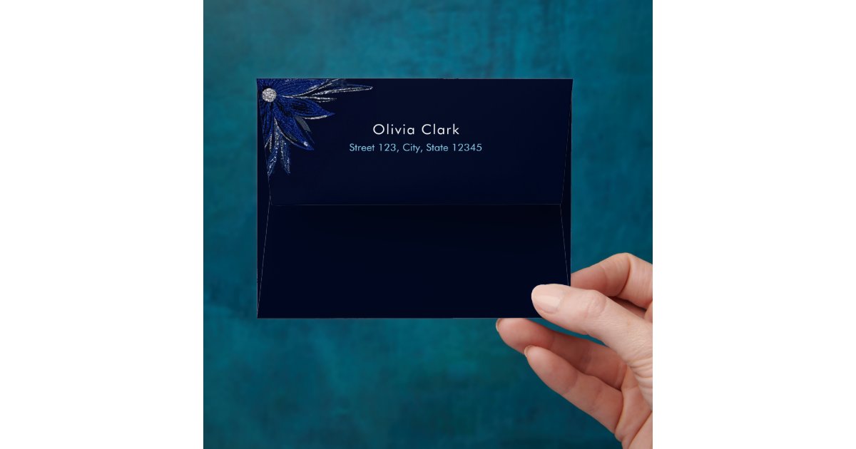 Chic Silver & Navy Blue Floral Wedding Envelope | Zazzle