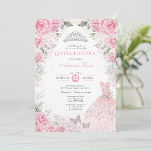 Chic Silver Pink Floral Quinceañera Princess Dress Invitation | Zazzle