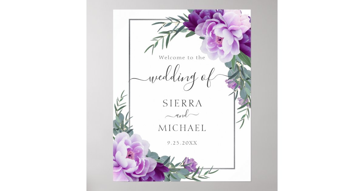 Chic Silver & Purple Floral Eucalyptus Wedding Poster | Zazzle