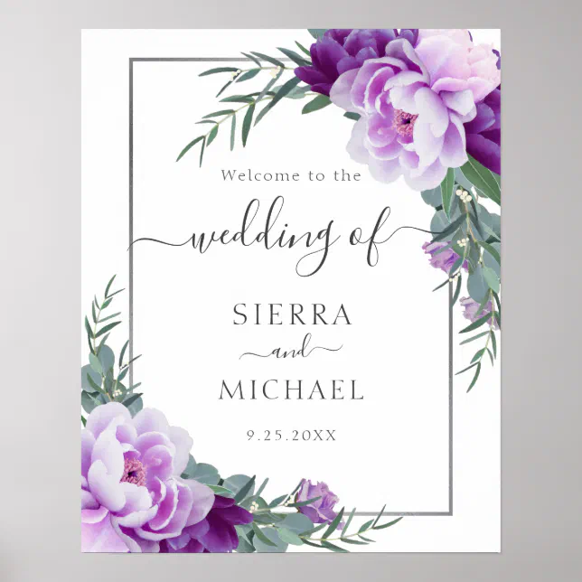 Chic Silver & Purple Floral Eucalyptus Wedding Poster | Zazzle