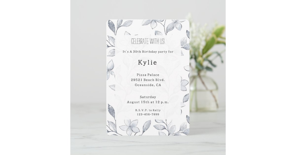Chic Silver White Floral Birthday Invitation | Zazzle