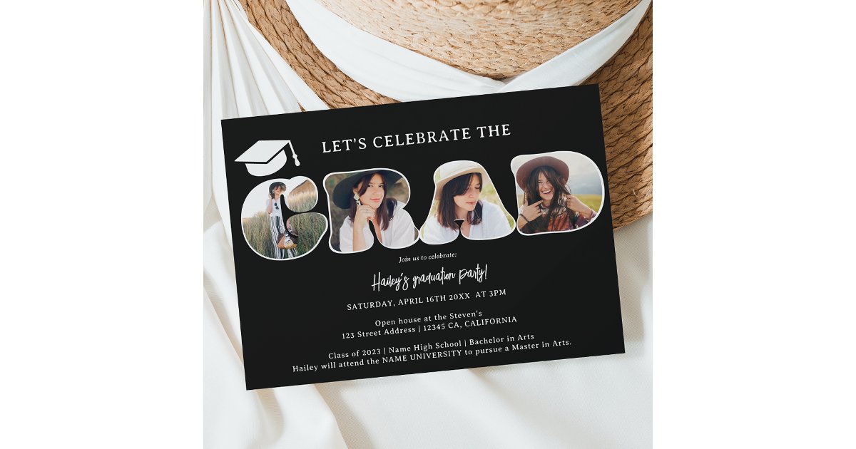 Chic Simple black 3 photos script graduation Invitation | Zazzle