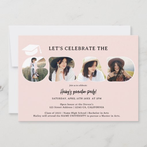 Chic Simple blush pink 3 photos script graduation Invitation | Zazzle