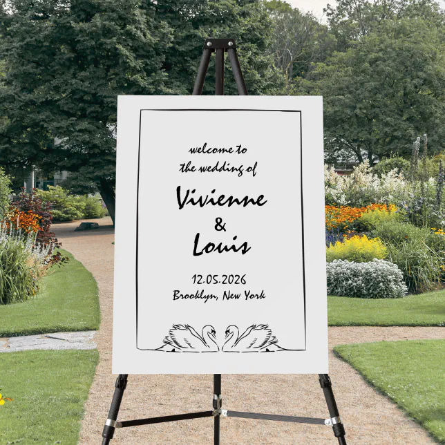 Chic Simple Hand Drawn Swan Wedding Welcome Sign | Zazzle