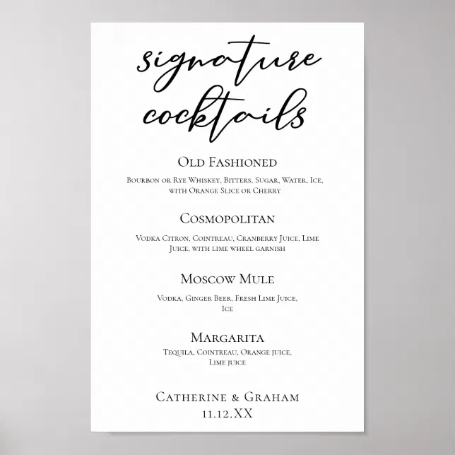 Chic Simple Wedding Signature Cocktails Bar Menu Poster | Zazzle
