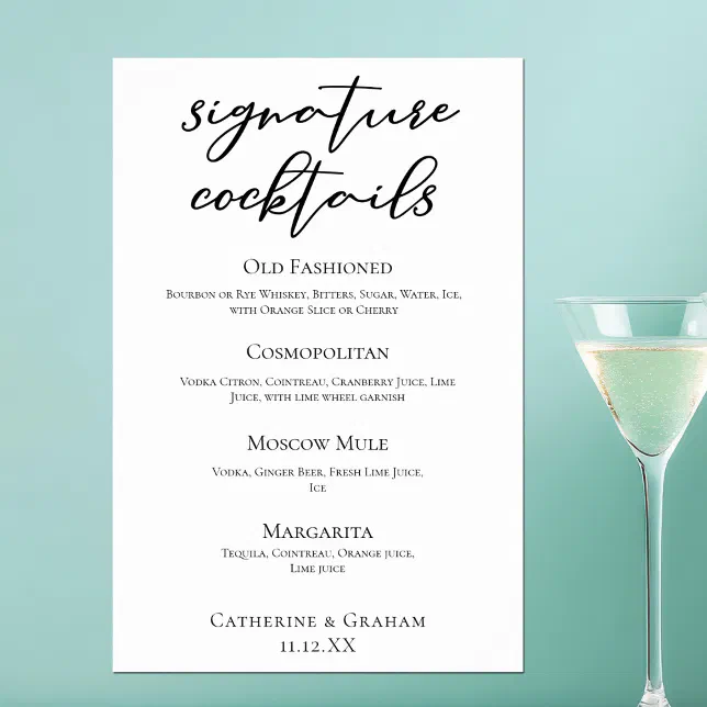 Chic Simple Wedding Signature Cocktails Bar Menu Poster | Zazzle