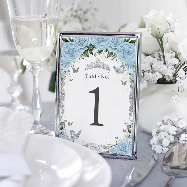 Chic Sky Blue Floral Silver Birthday Quinceanera Table Number | Zazzle