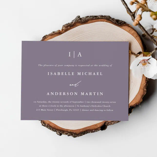 Chic Smoky Purple Monogram Wedding Invitation | Zazzle