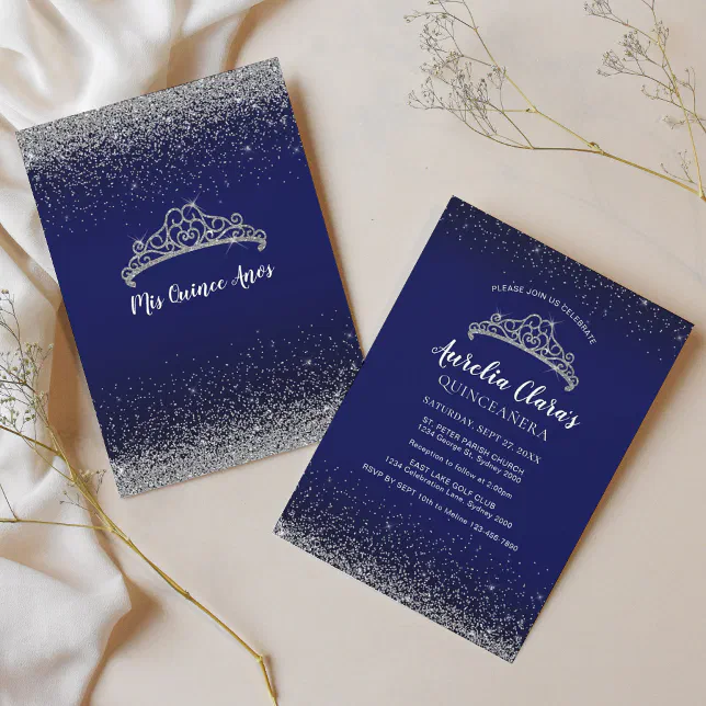Chic Sparkling Blue Silver Tiara Quinceanera Invitation | Zazzle