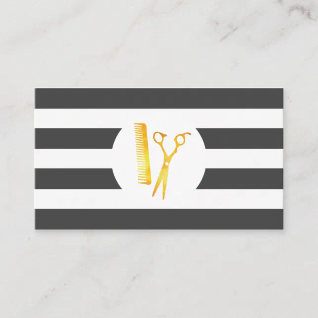 Chic Stripe Pattern Golden Scissors Comb Business Card | Zazzle