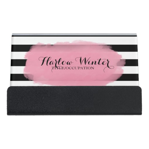 Chic Stripes Pink Black White Desk Business Card Holder | Zazzle