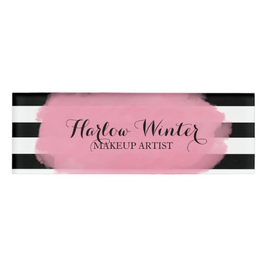 Chic Stripes Pink Black White Makeup Artist Name Tag | Zazzle.com
